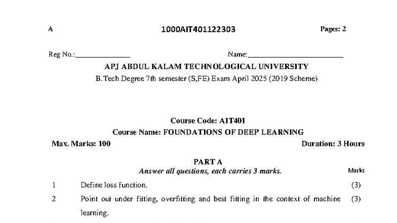 AIT401 - B.Tech 7th Sem Exam QP: Foundations of Deep Learning - Studocu