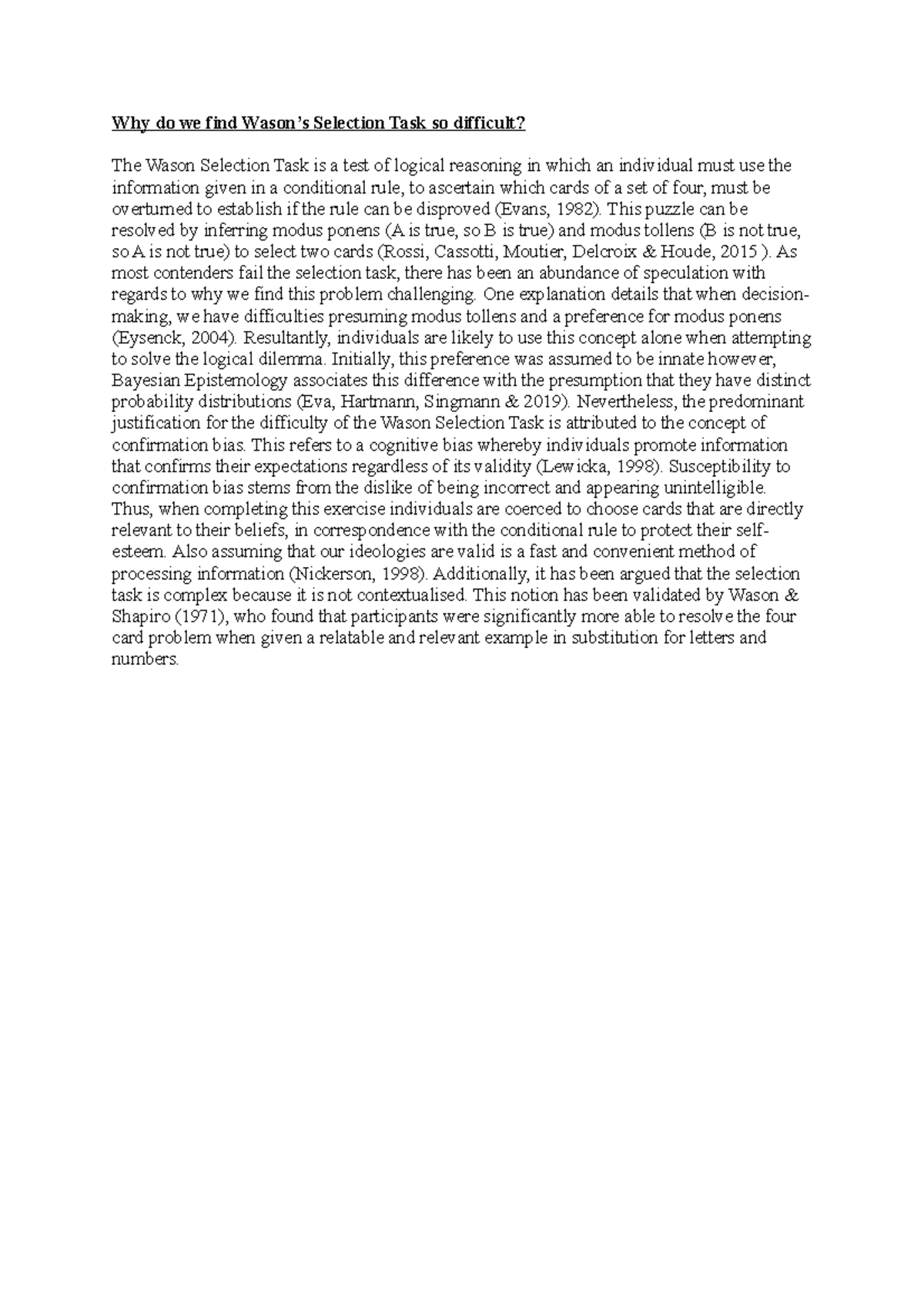 Psy 101: Assignment 2 - Understanding the Wason's Selection Task ...