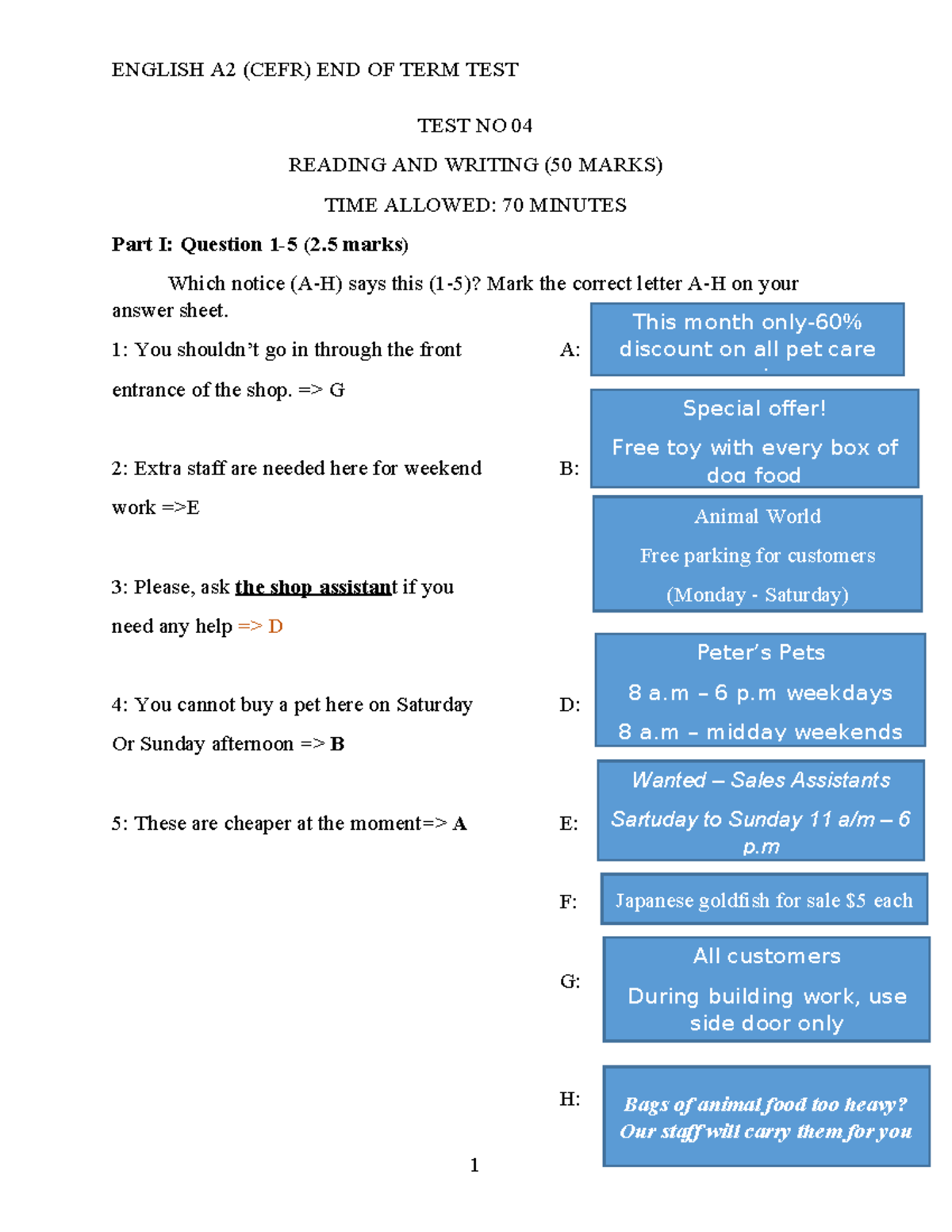 ENGLISH A2 (CEFR) END OF TERM TEST NO 04 - READING & WRITING - Studocu