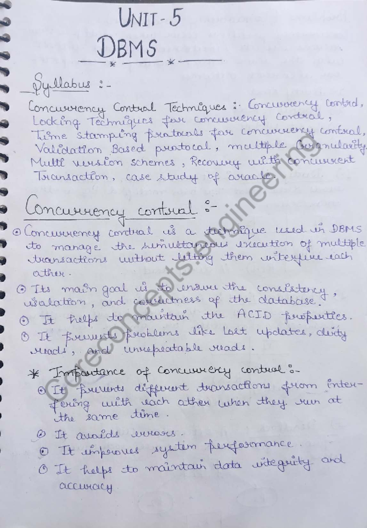Unit-5 DBMS: Concurrency Control Techniques and Case Study - Studocu