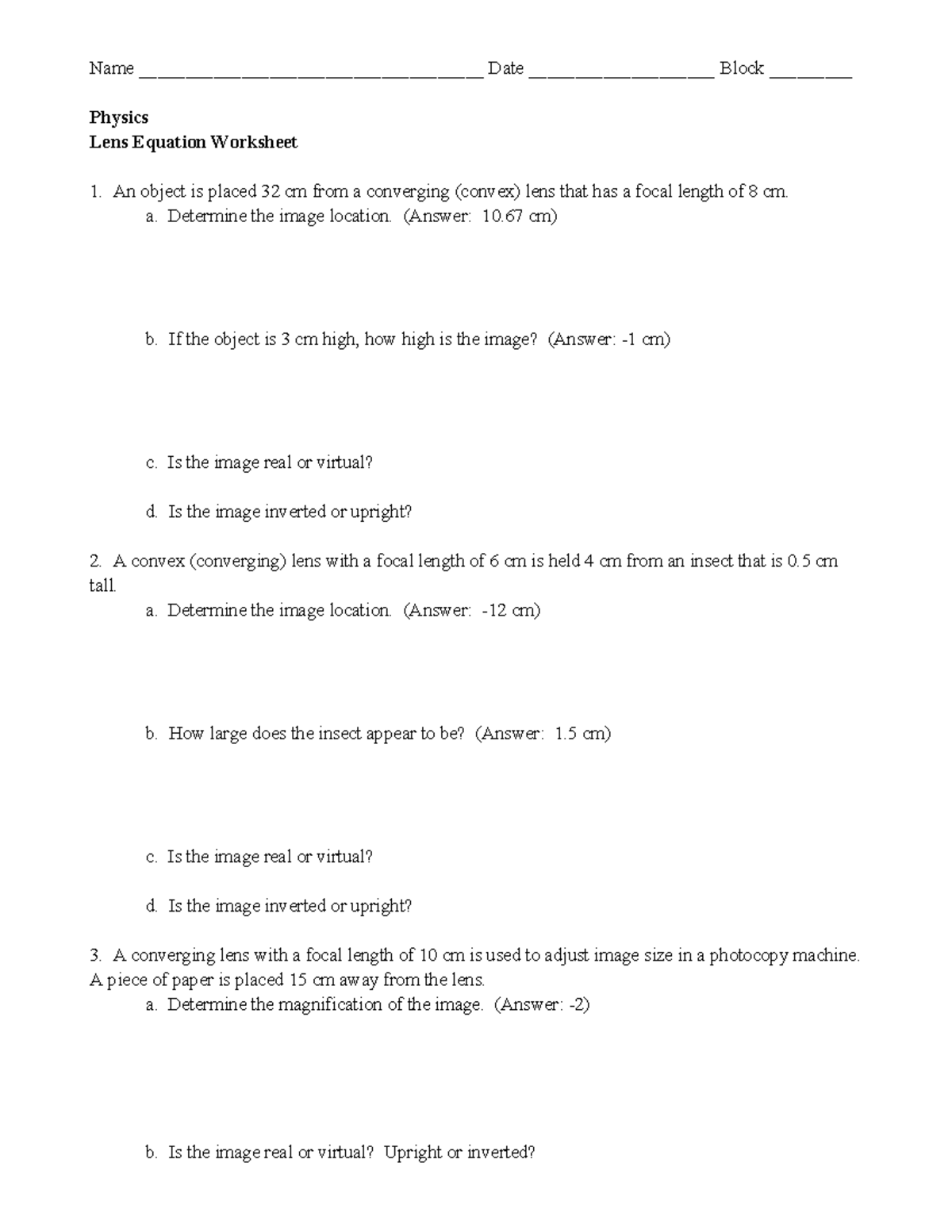 Physics 101: Lens Equation Worksheet and Image Analysis - Studocu