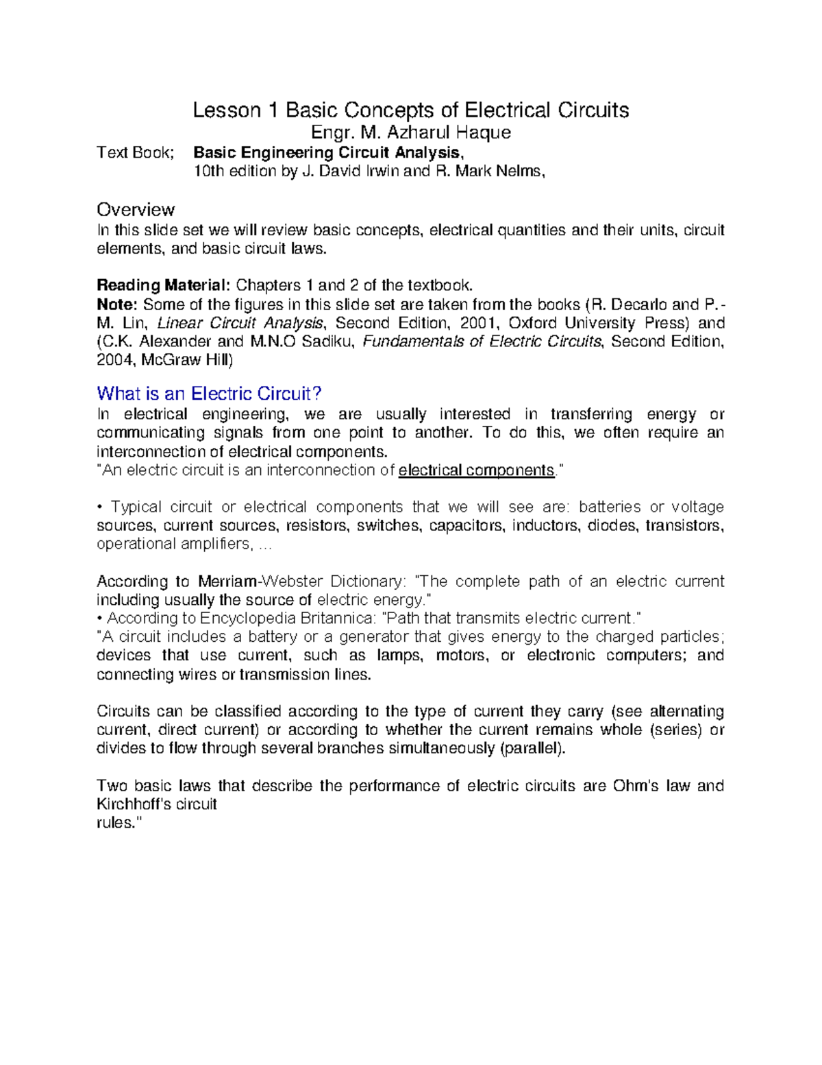 Lesson 1 Basic Concepts of Electrical Circuits - Lesson 1 Basic ...