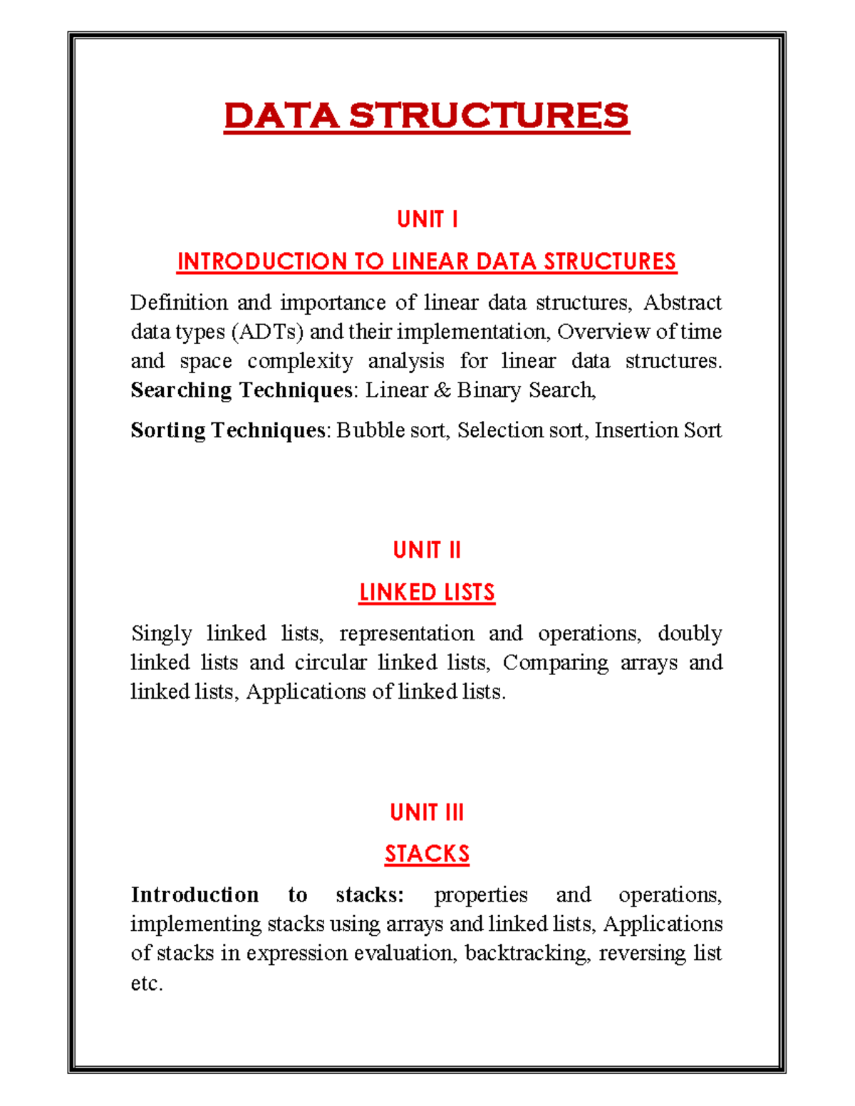 R23-DS-Linear Data Structures Syllabus and Overview - Studocu