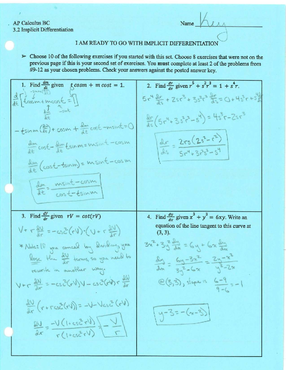 AP Calculus BC 3.2 Implicit Differentiation Practice - KEY - Studocu