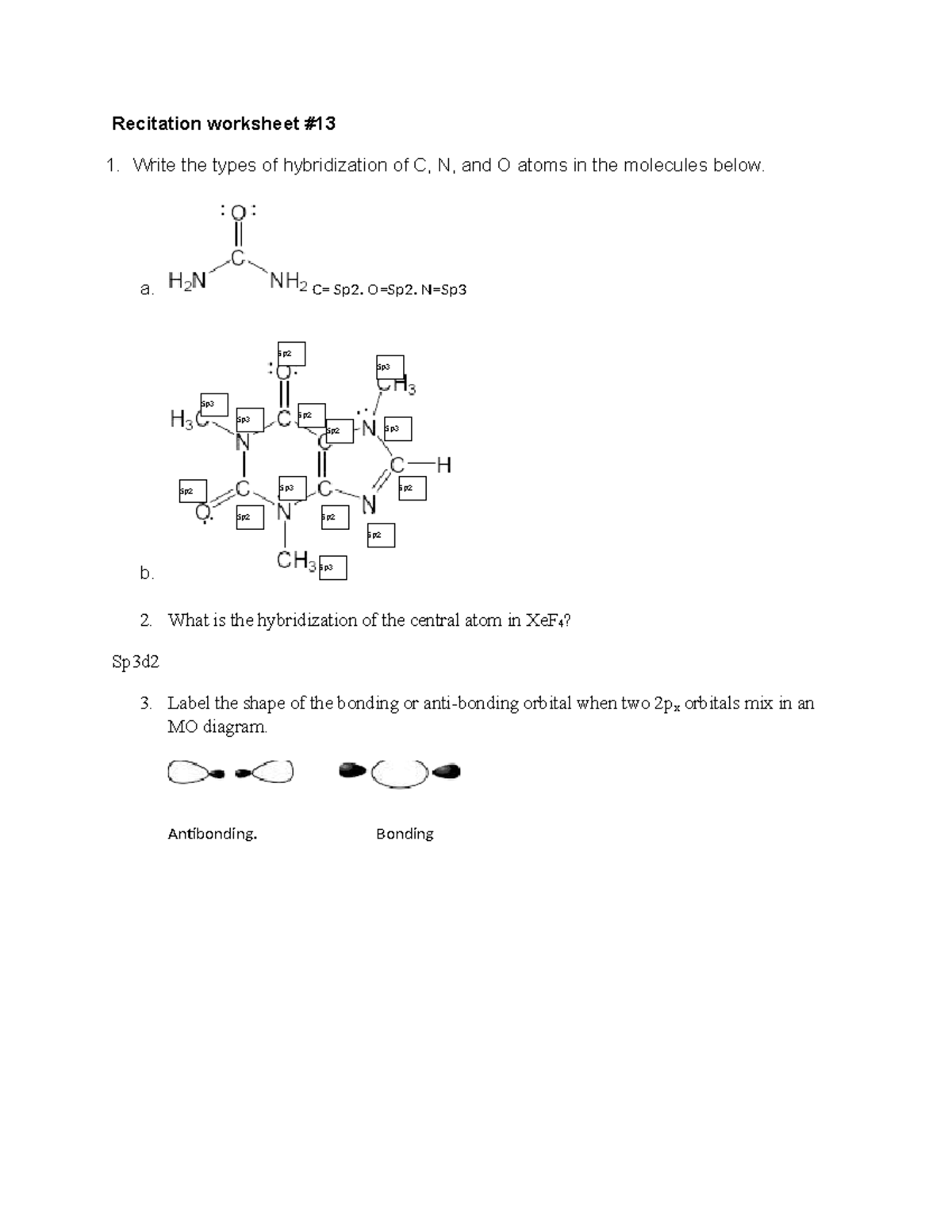Week 13 Recitation Worksheet: Hybridization & MO Diagrams - Studocu