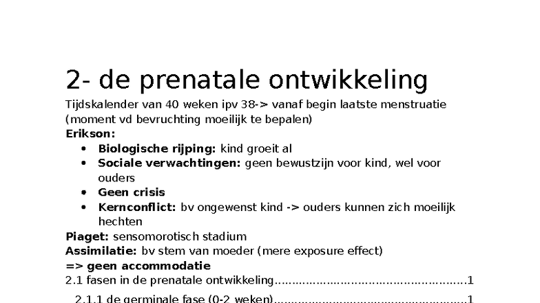 Prenatale Ontwikkeling: Tijdlijn en Invloeden (2-40 weken) - Studocu