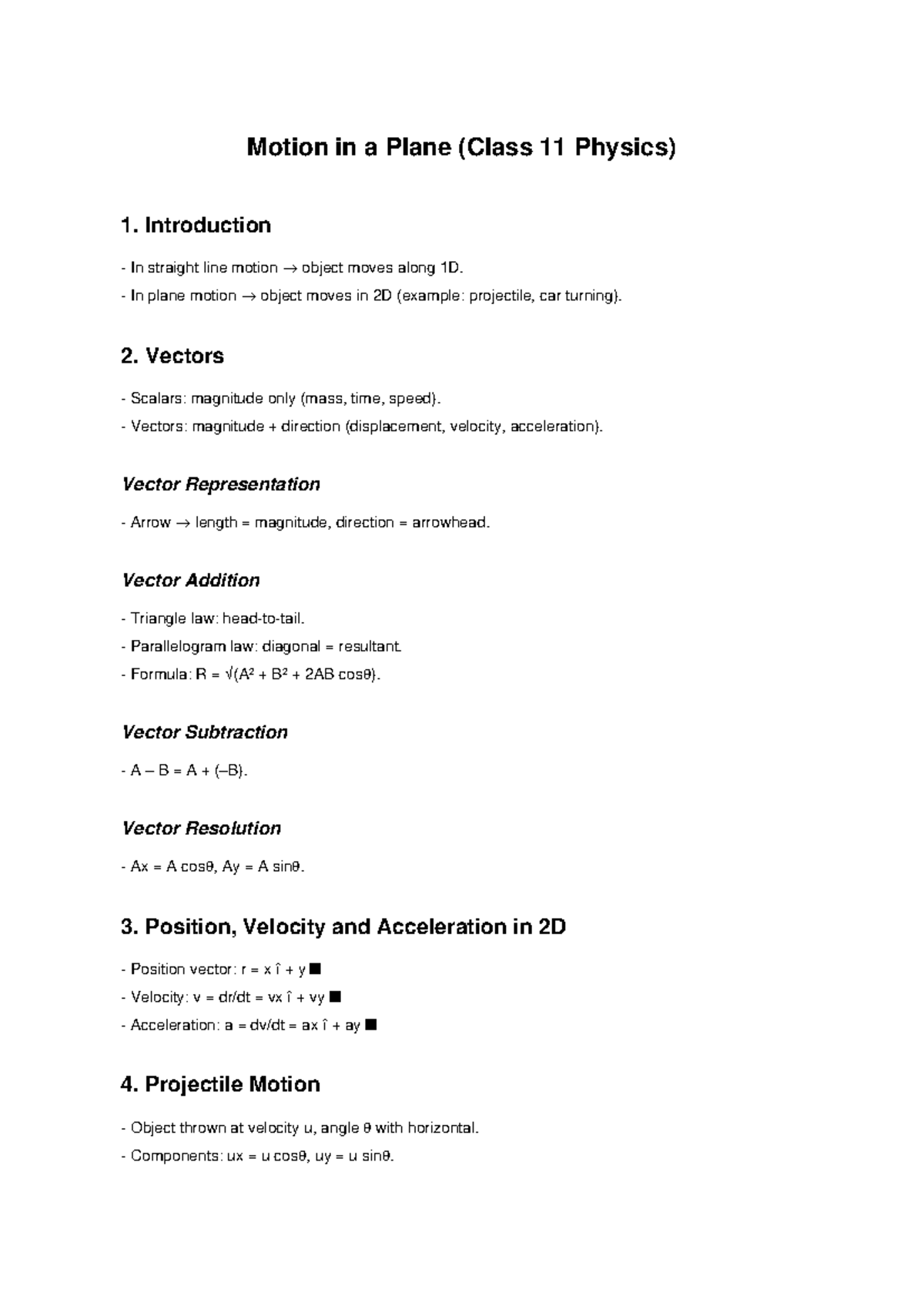Motion in a Plane (Class 11 Physics) - Key Concepts and Formulas - Studocu
