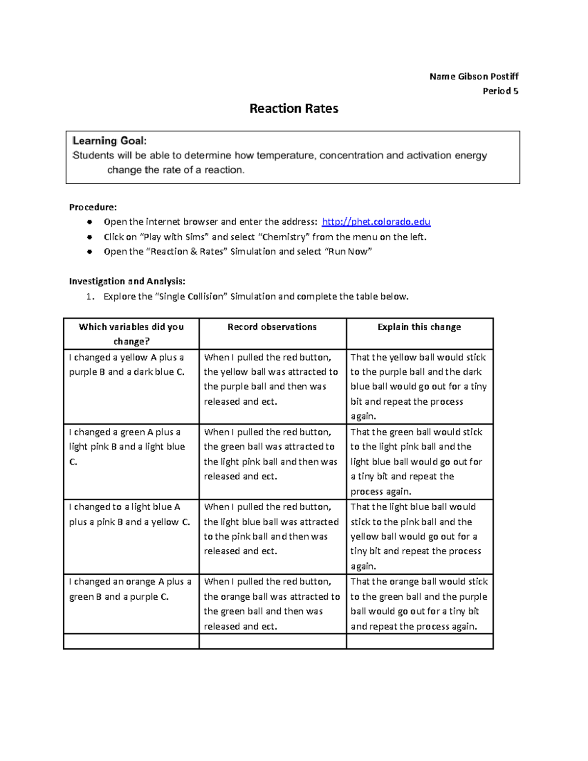 Chemistry 101 - Reaction Rates Student Handout by Gibson Postiff - Studocu