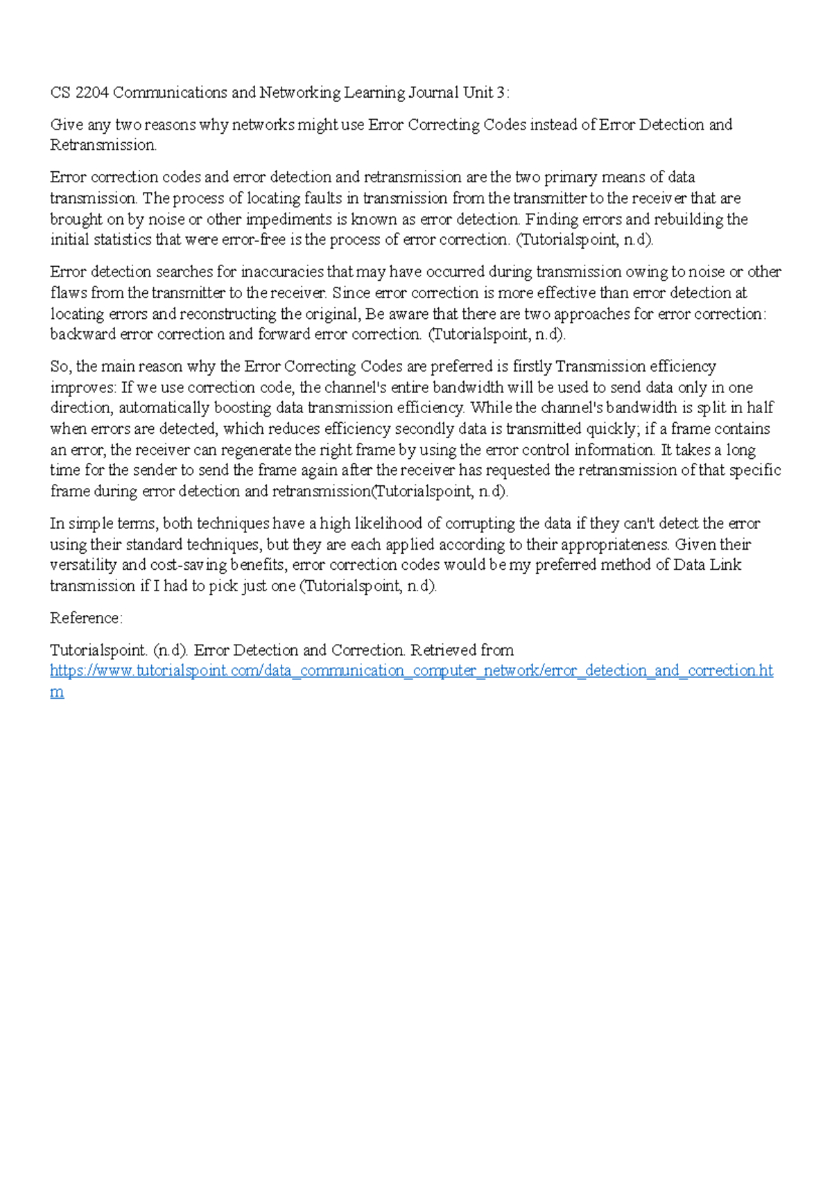 CS 2204 Communications and Networking Learning Journal Unit 3 - Error correction codes and error ...