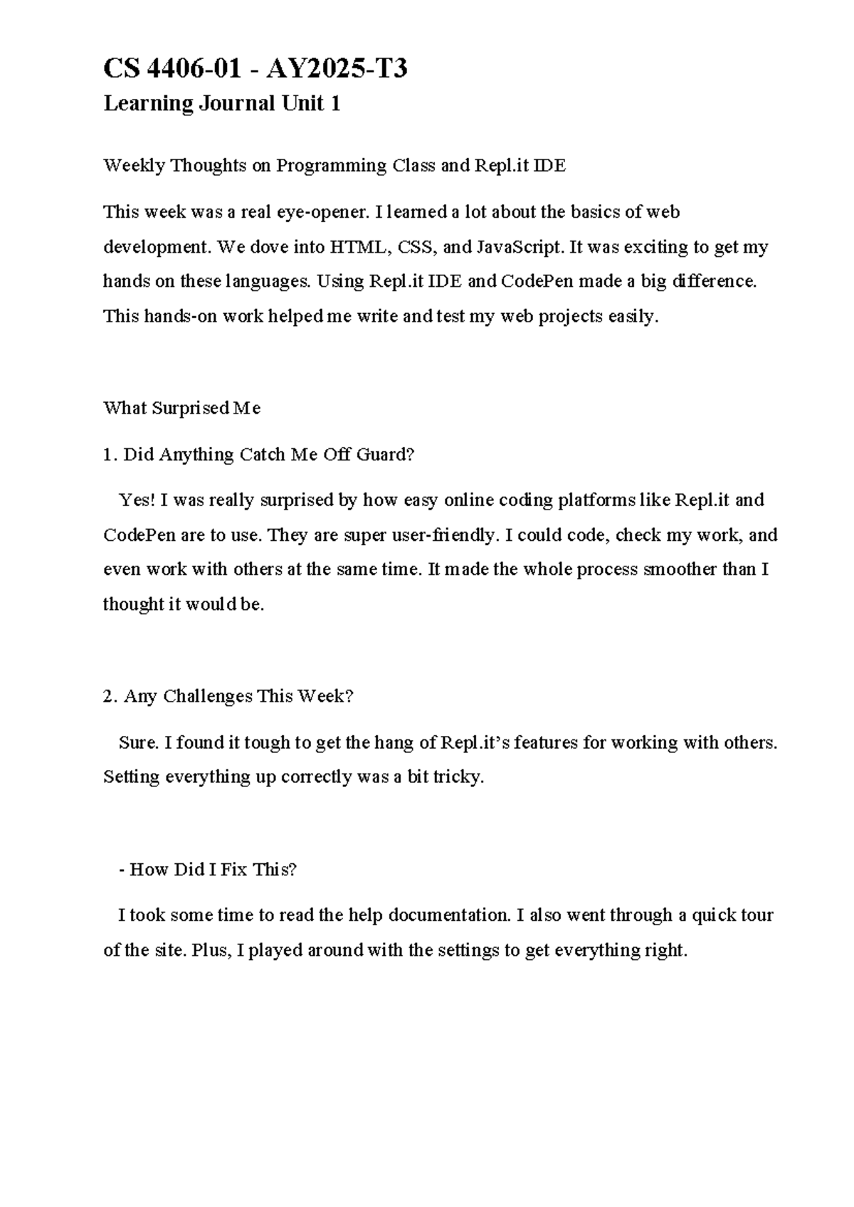 CS 4406-Learning Journal - CS 4406-01 - AY2025-T Learning Journal Unit 1 Weekly Thoughts on ...