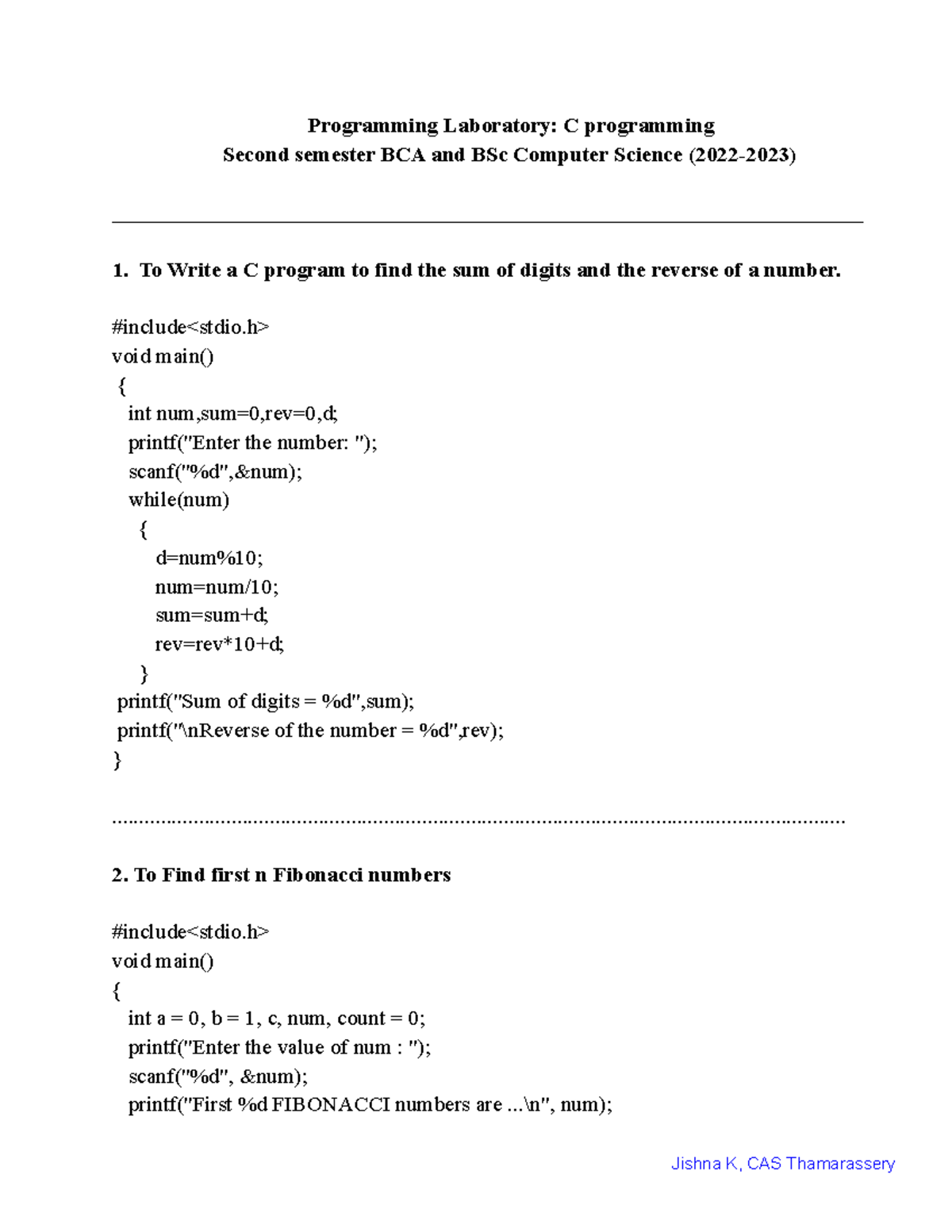 C Lab List-1 - C programming lab list - Programming Laboratory: C programming Second semester ...