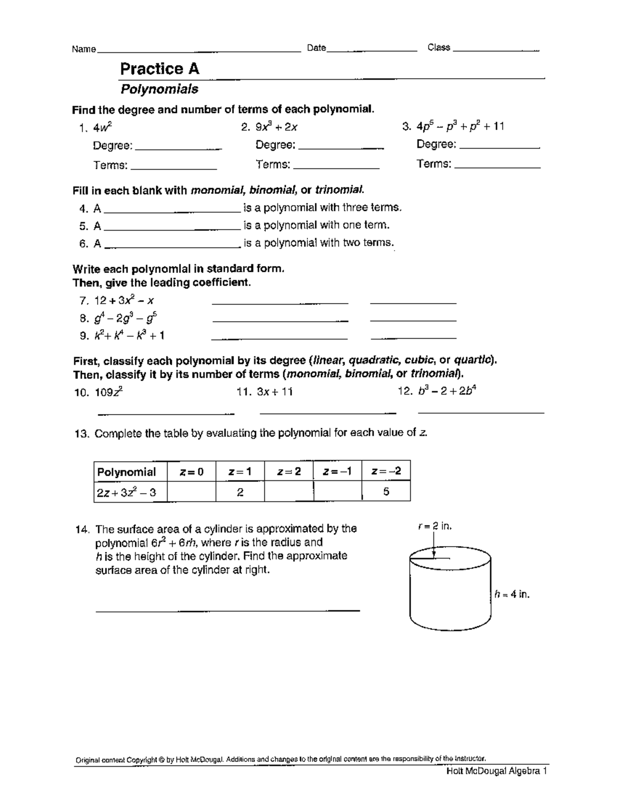 Practice A & B: Naming Polynomials in Algebra 1 - Studocu