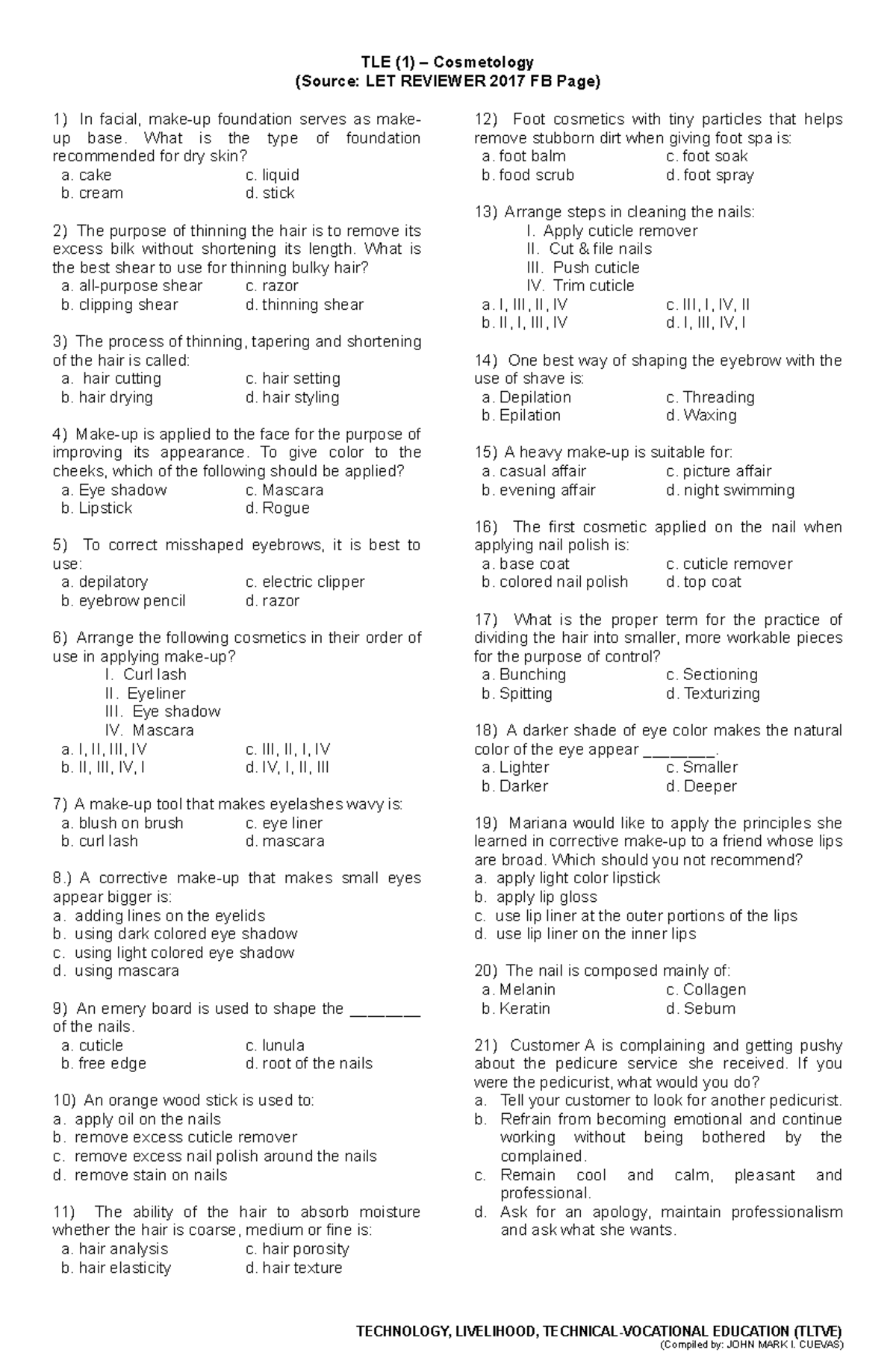 TLE (1) Final Exam Reviewer - Cosmetology Essentials - Studocu