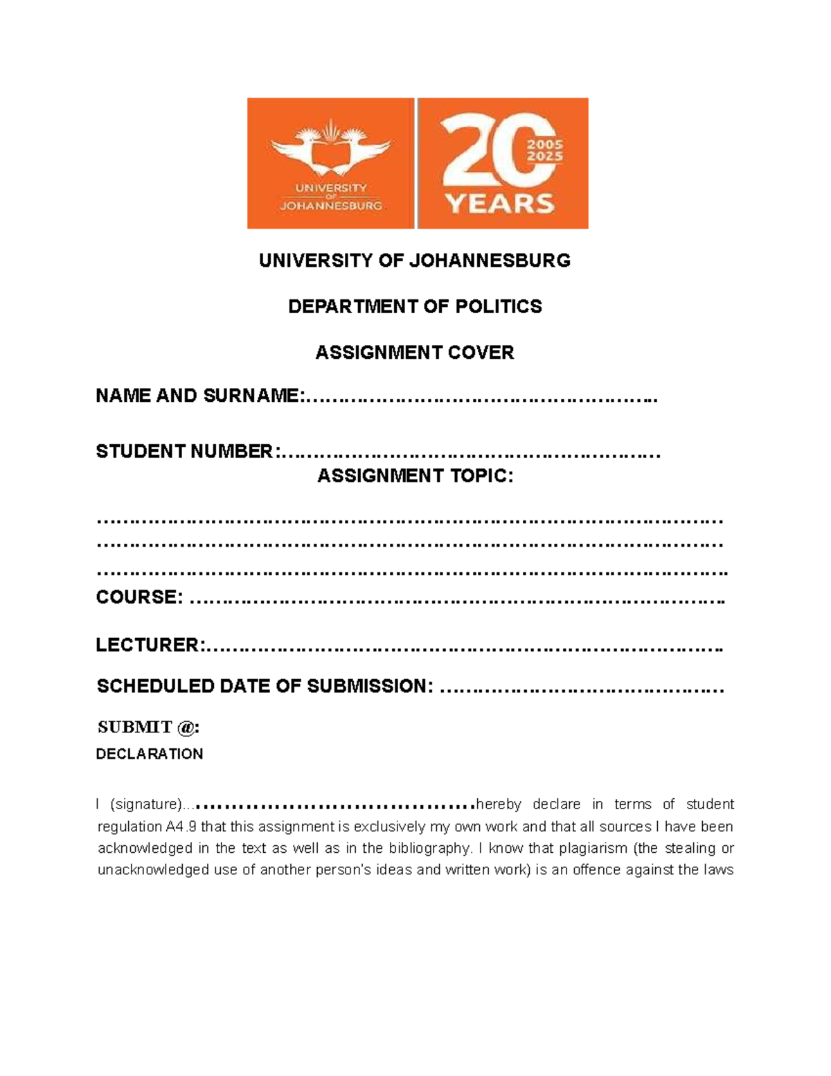 UJ Politics Assignment Cover Page Template - Studocu