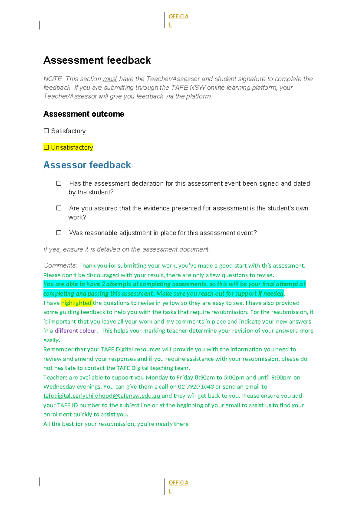 CHC30121 Final Assessment Feedback for Early Childhood Education - Studocu