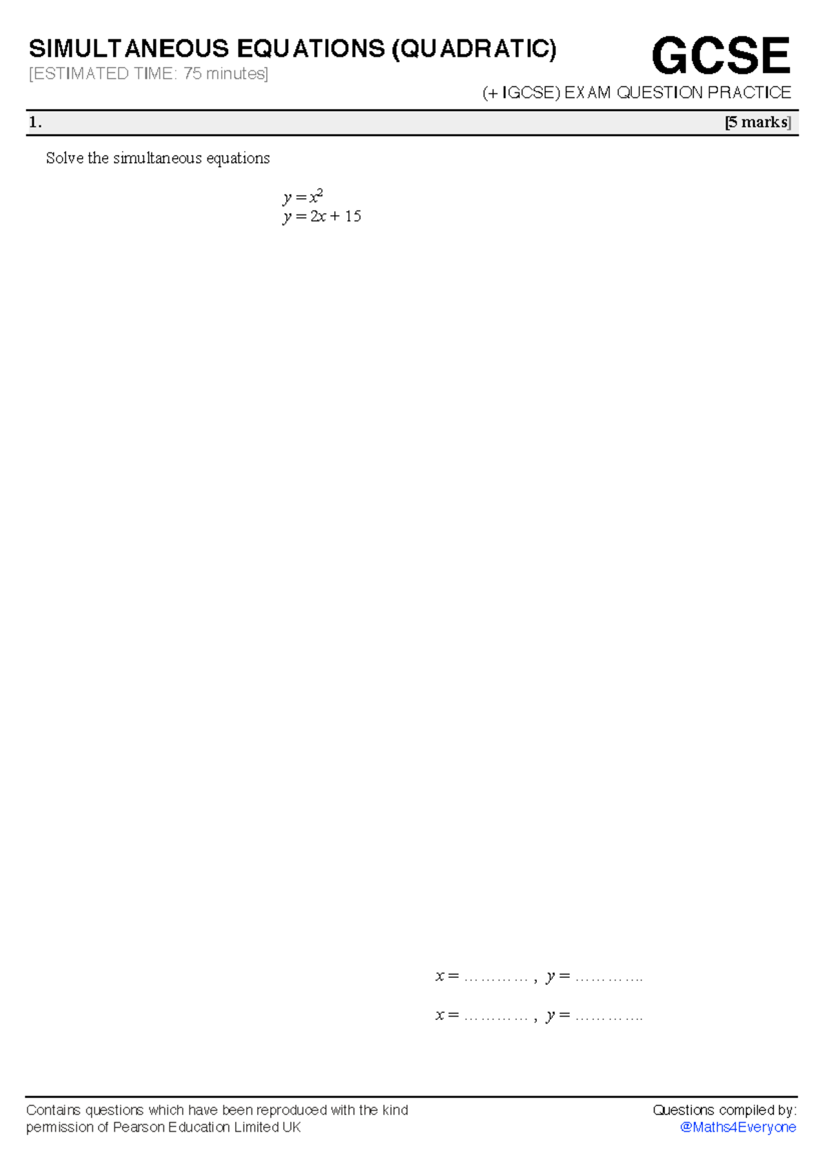 GCSE IGCSE Simultaneous Equations (Quadratic) Exam Practice - Studocu