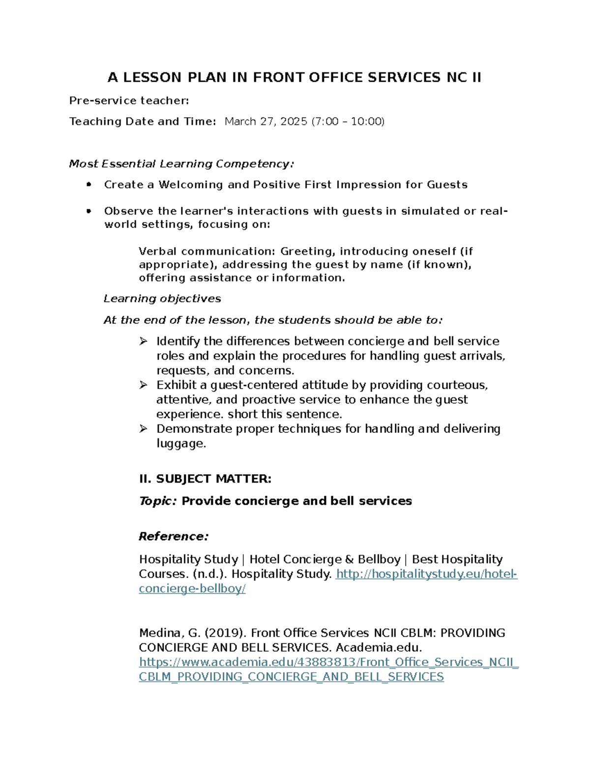Front Office Services NC II: Lesson Plan on Concierge & Bell Services ...