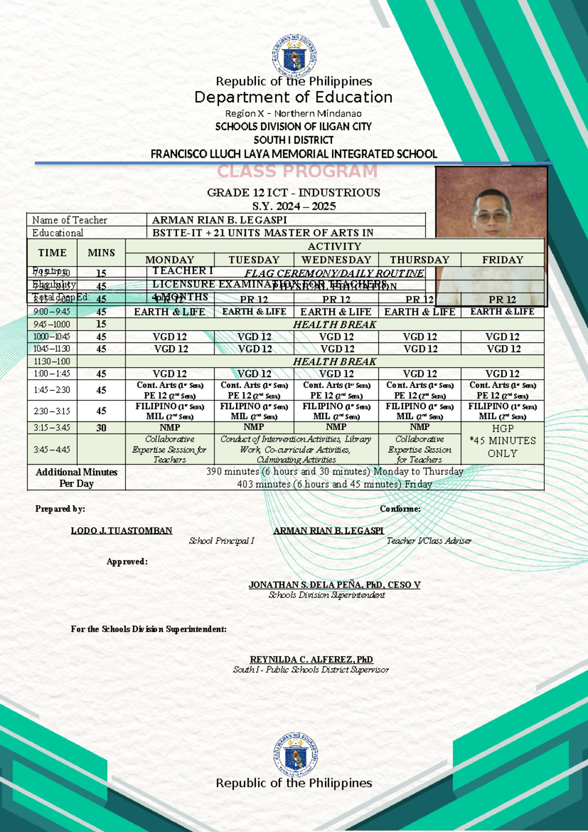 Legaspi G12 ICT Class Program Schedule 2024-2025 - Studocu
