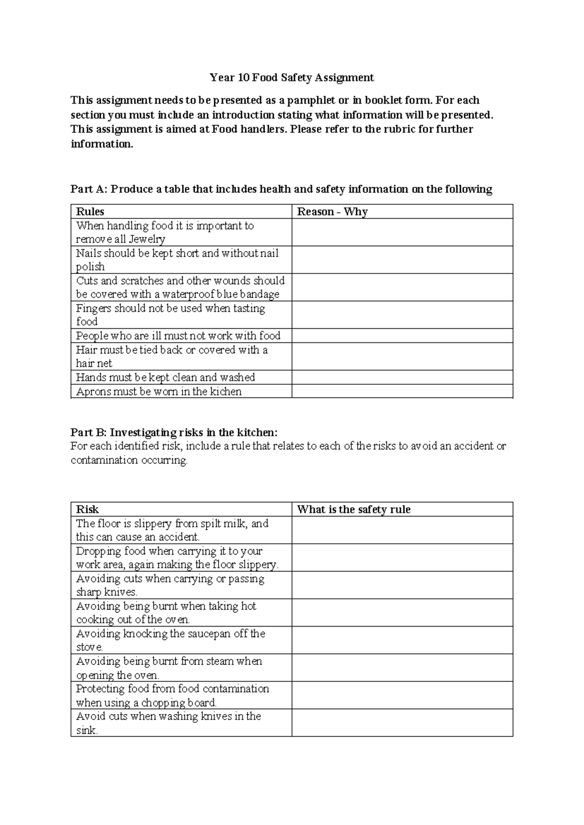 Y10 Food Safety Assignment: Health & Safety Guidelines 2024 - Studocu
