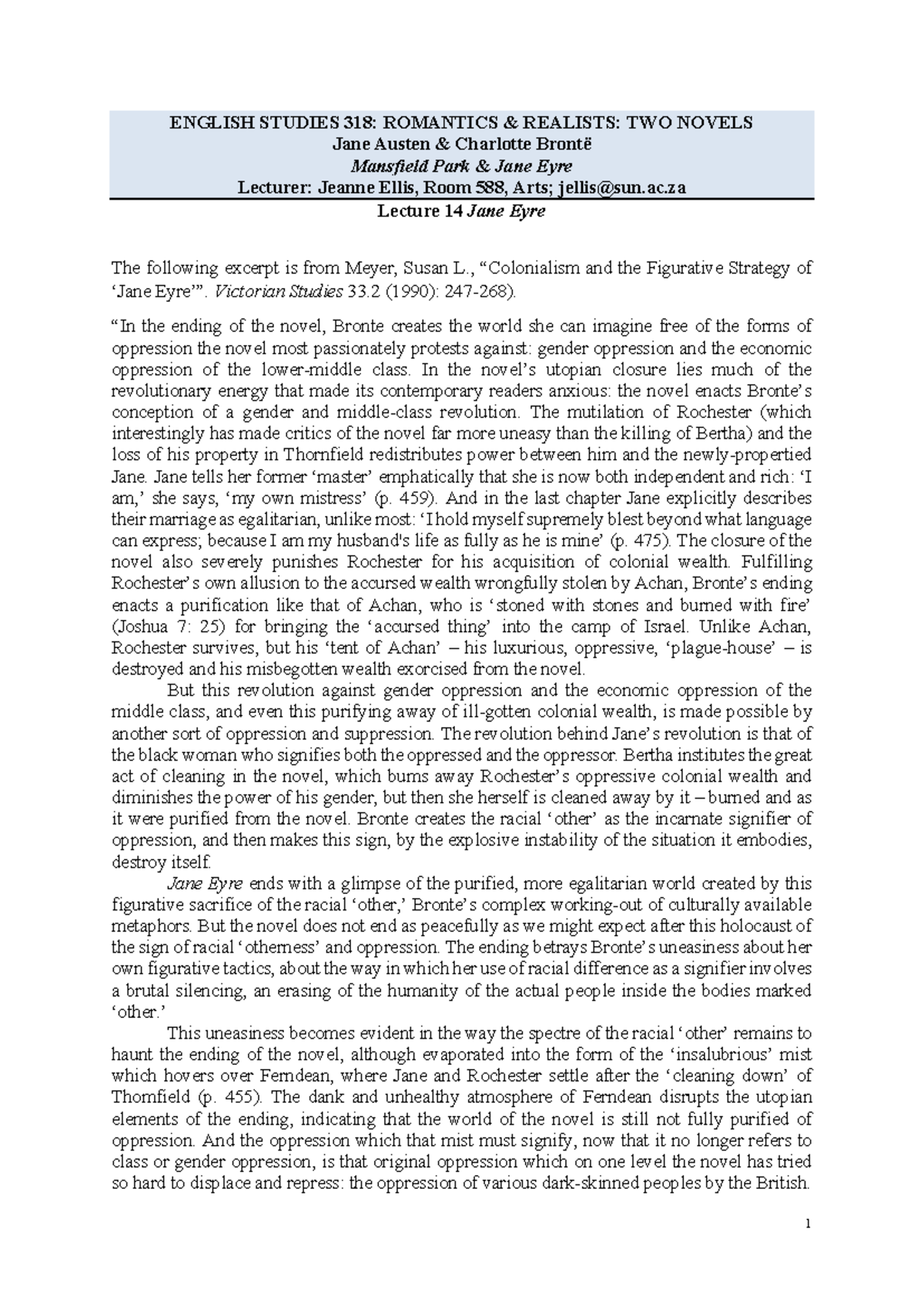 19th century Novel Jane Eyre Lecture 14 HO14 - 53880 - SUN - Studocu