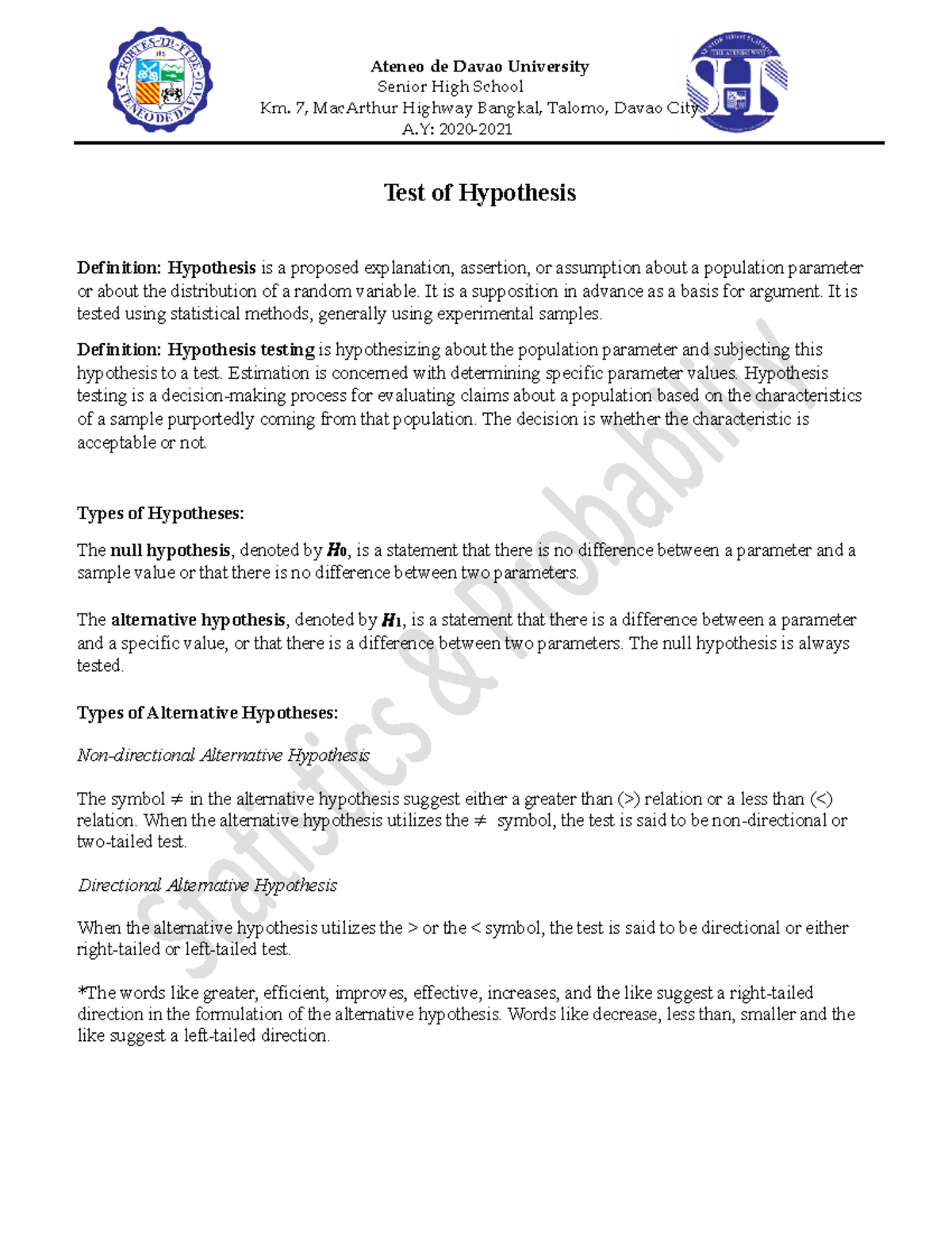 Test of Hypothesis (Part 1) - Senior High School Km. 7, MacArthur ...