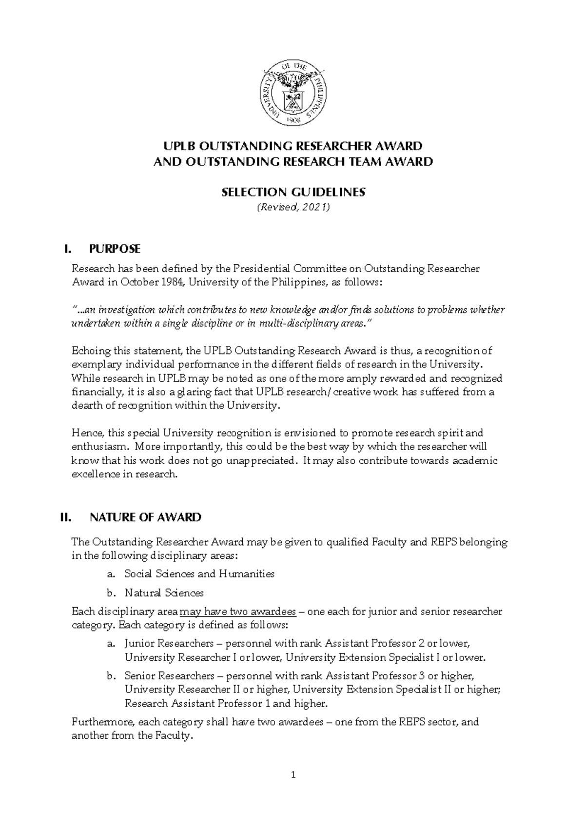 ORA - UPLB Outstanding Researcher & Team Award Selection Guide 2021 ...