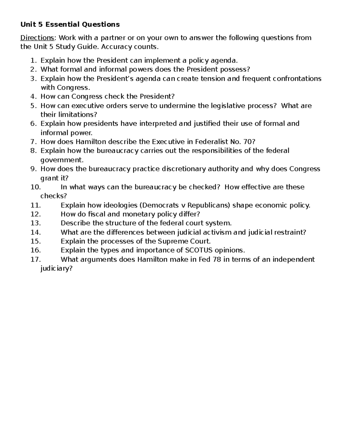 Unit 5 Study Guide: Essential Questions on Presidential Powers and ...