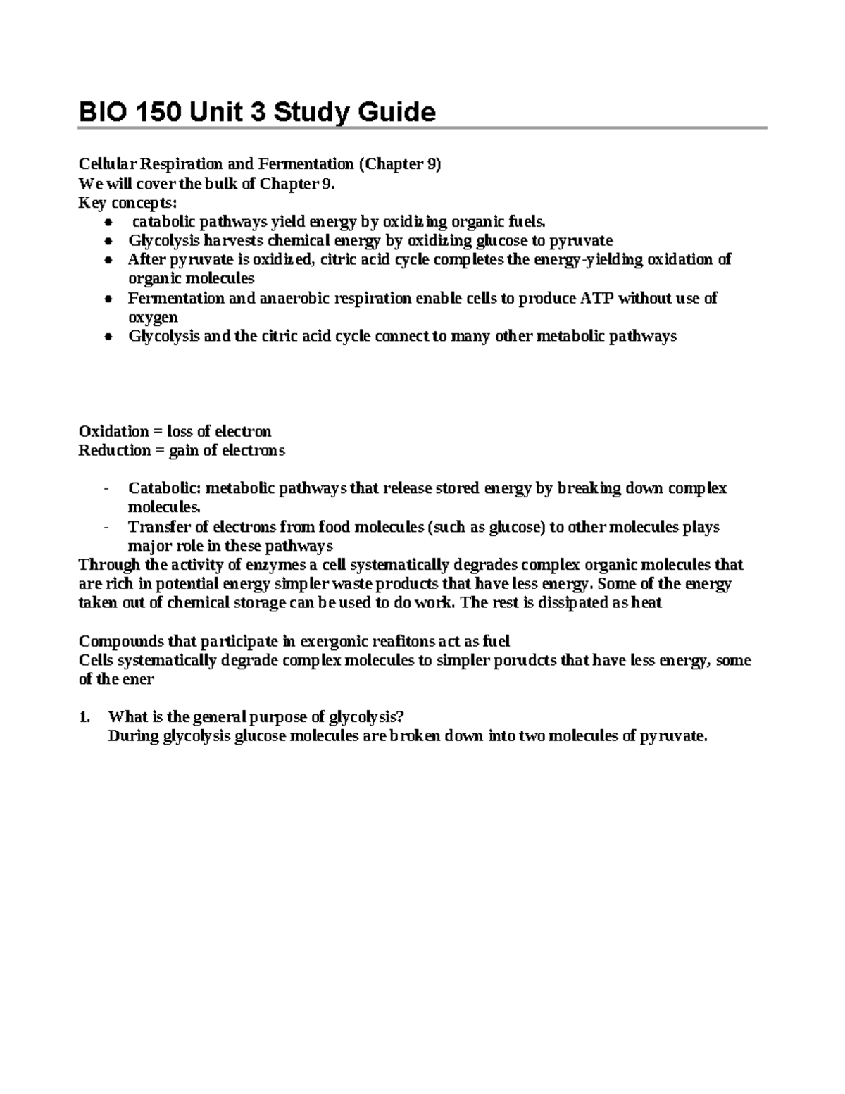 BIO 150 Unit 3 Study Guide: Cellular Respiration, Glycolysis ...