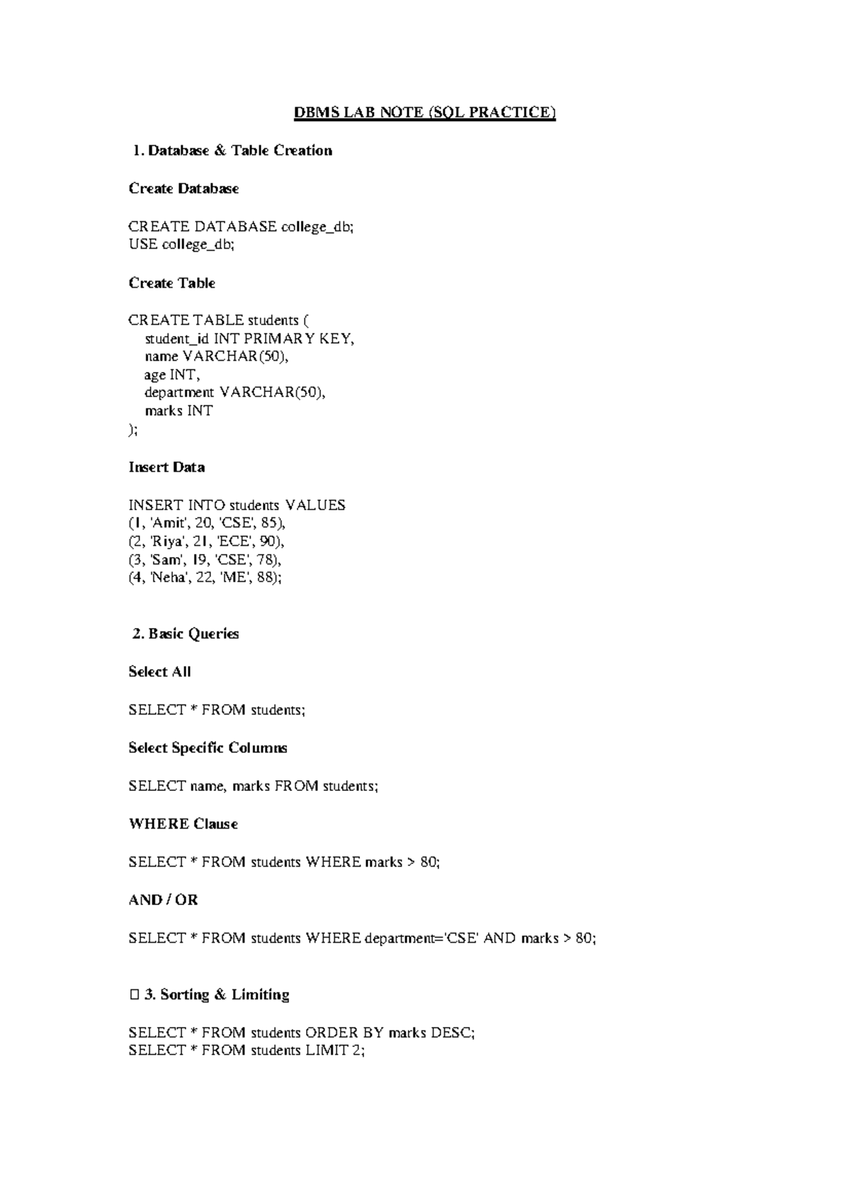 DBMS LAB NOTES (SQL PRACTICE) - General Overview - Studocu