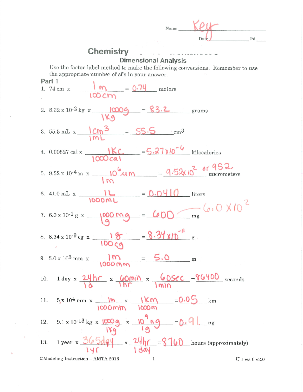 Metric conversions-HW-KEY - Name Key Date Pd Chemistry Dimensional ...