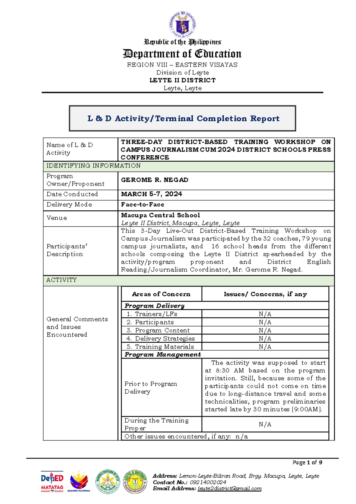 ACR - 2024 District-Based Training on Campus Journalism Report - Studocu