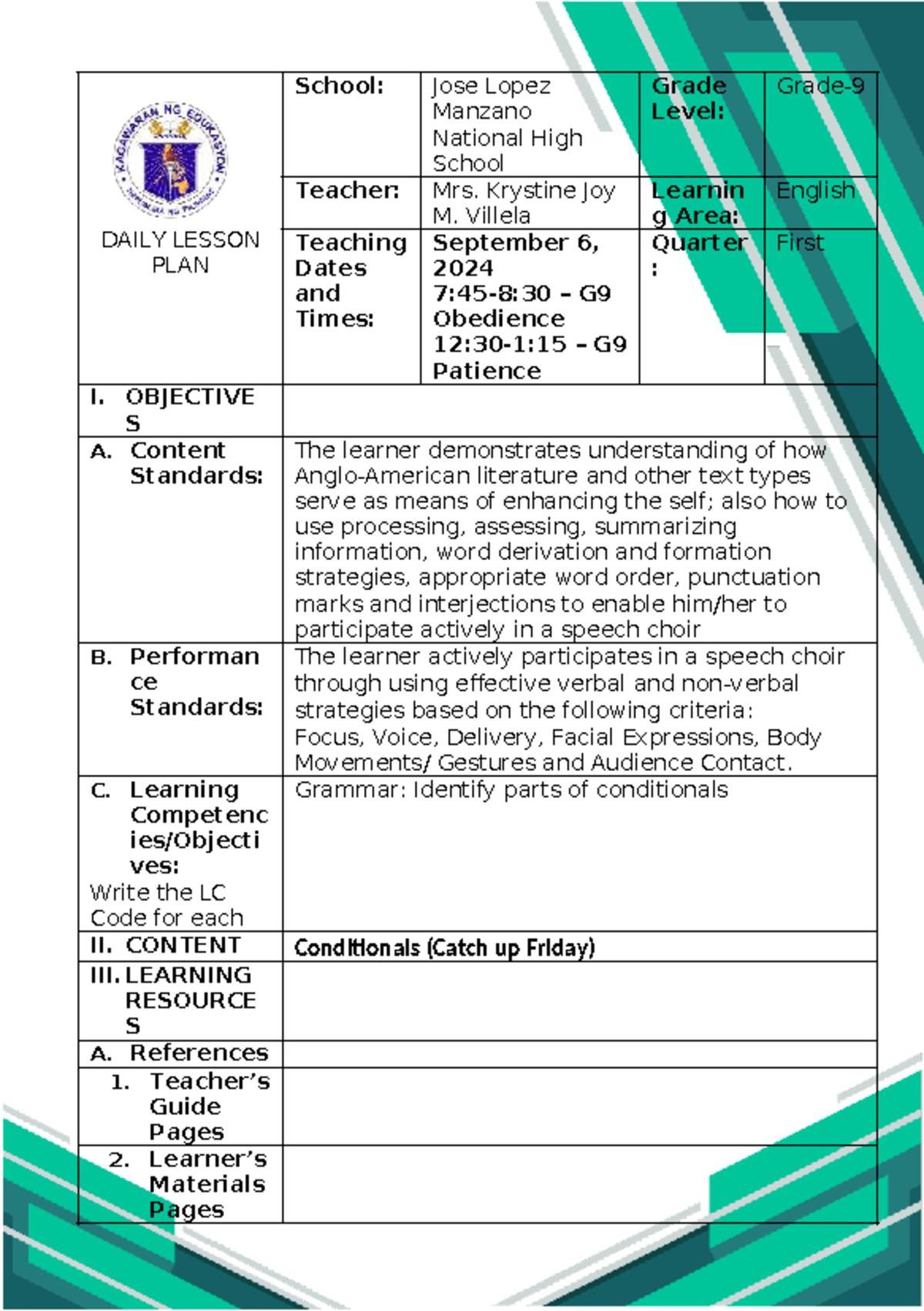 G9 English 1st Quarter Daily Lesson Plan - September 6, 2024 - Studocu
