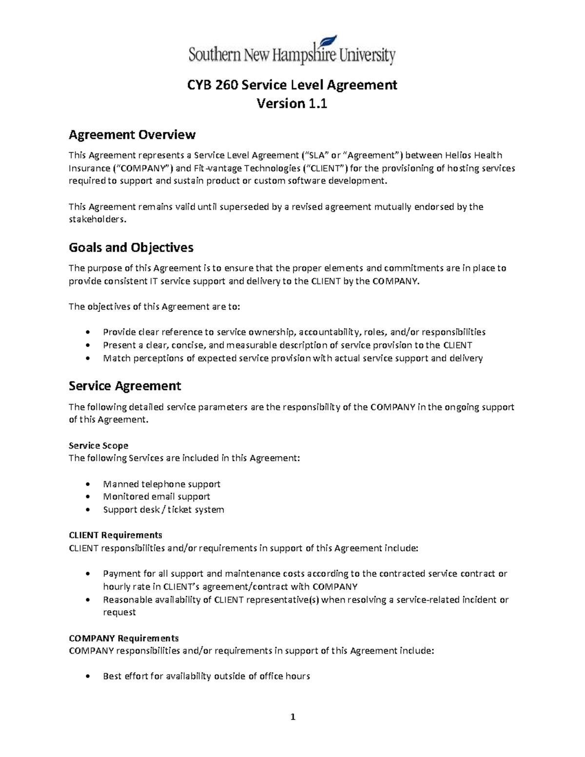 CYB 260 Service Level Agreement - CYB 260 Service Level Agreement Version 1. Agreement Overview ...