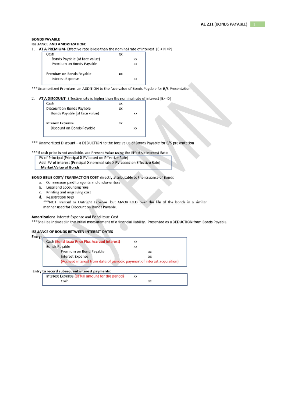 Bonds payable notes - AE 211 (BONDS PAYABLE) 1 BONDS PAYABLE ISSUANCE ...