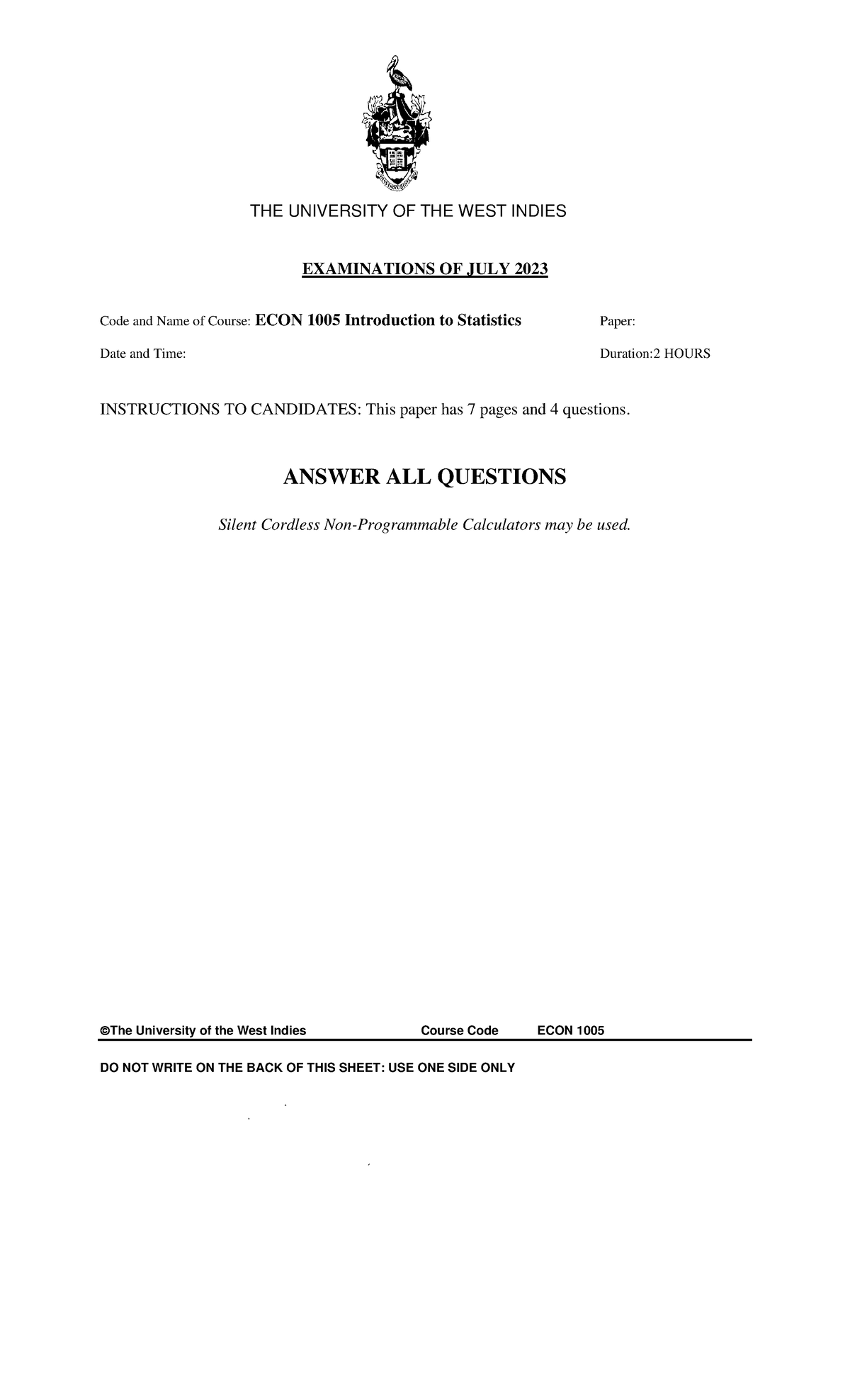 ECON 1005 Final Exam July 2023: Introduction to Statistics - Studocu