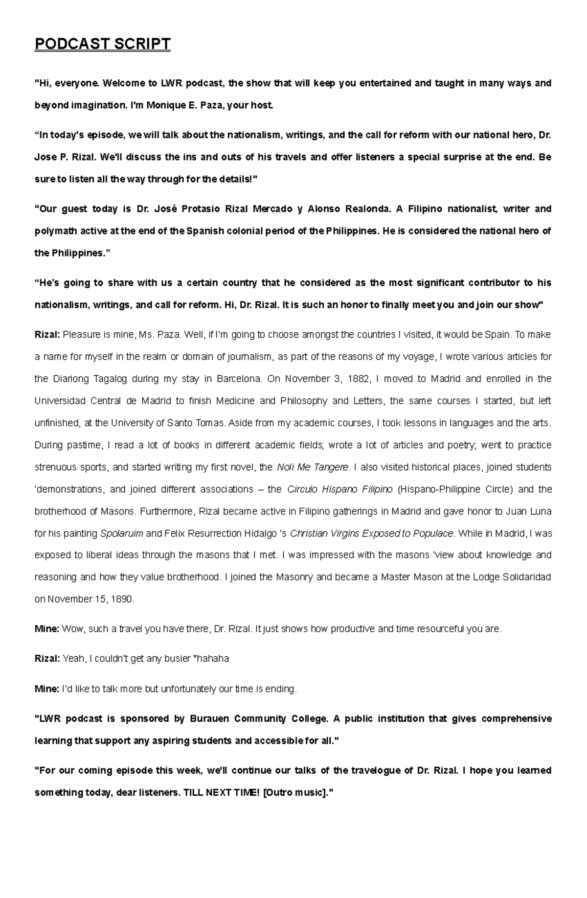 Podcast Script - PODCAST SCRIPT "Hi, everyone. Welcome to LWR podcast ...