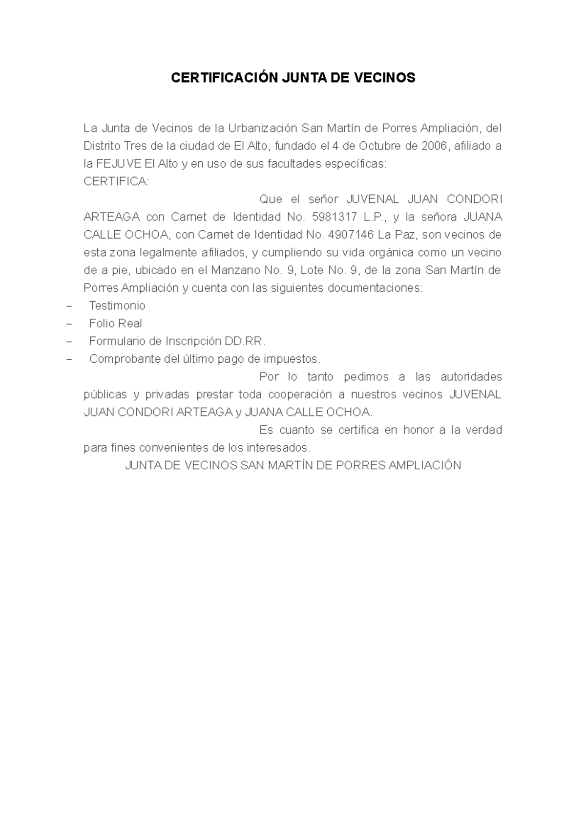 Certificación de Vecinos - Junta de Vecinos San Martín de Porres - Studocu