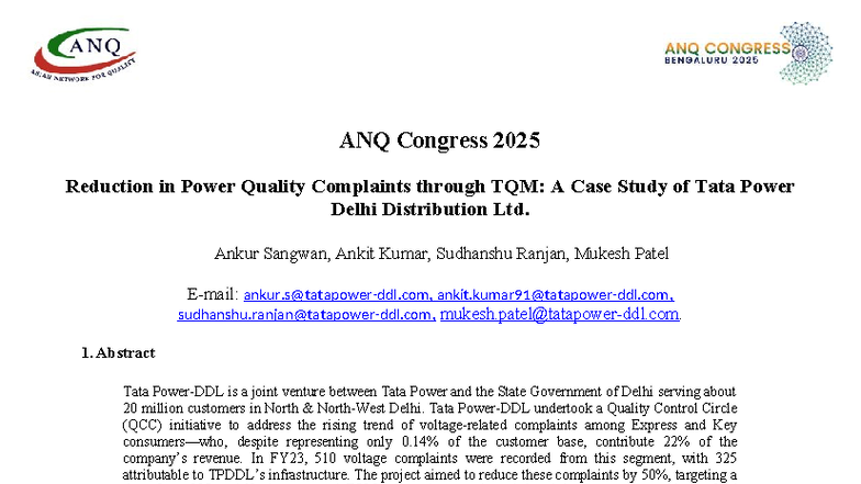ANQ Congress 2025: TQM Case Study on Power Quality at Tata Power - Studocu