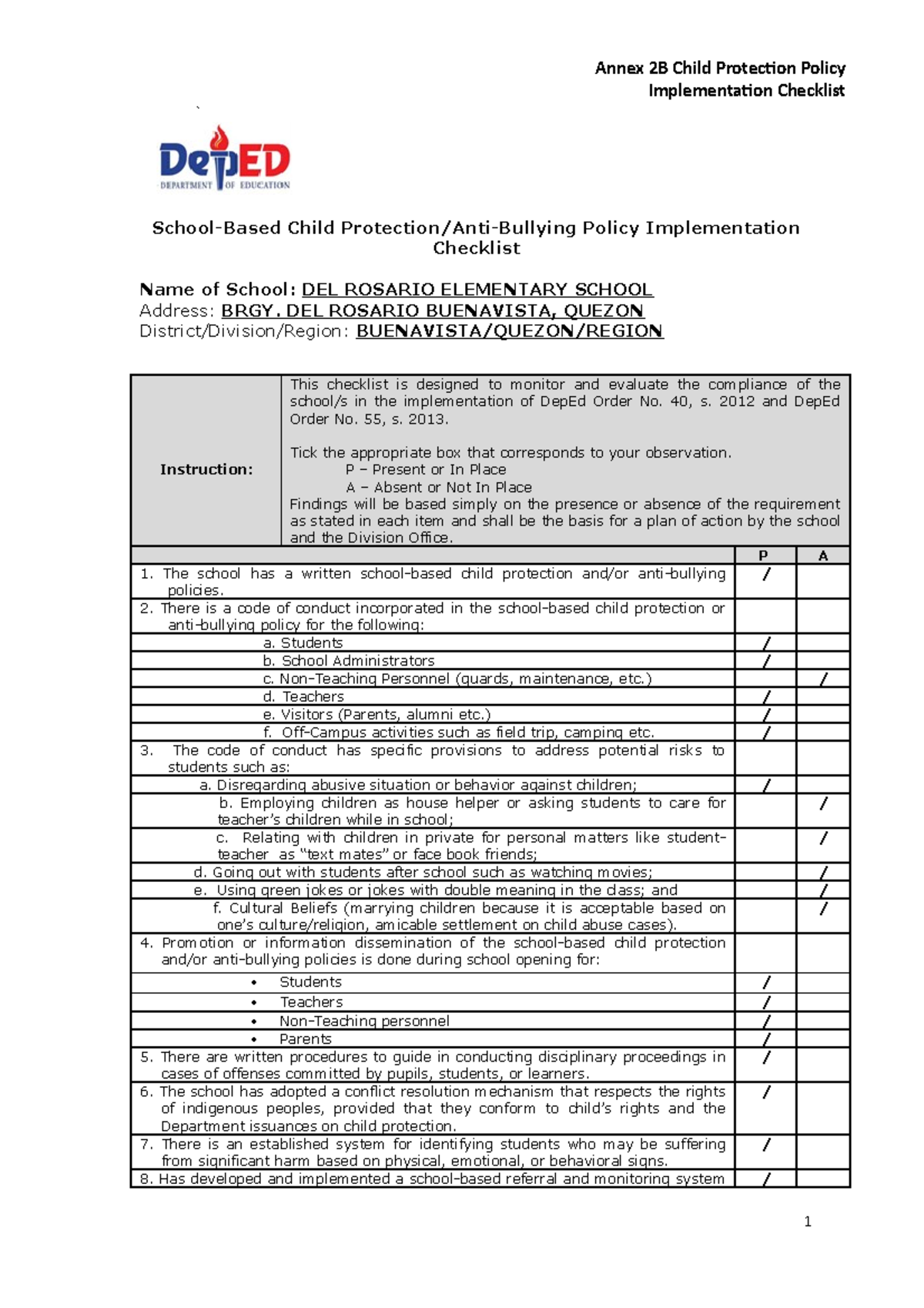 SIP ANNEX 2B: Child Protection & Anti-Bullying Policy Checklist - Studocu