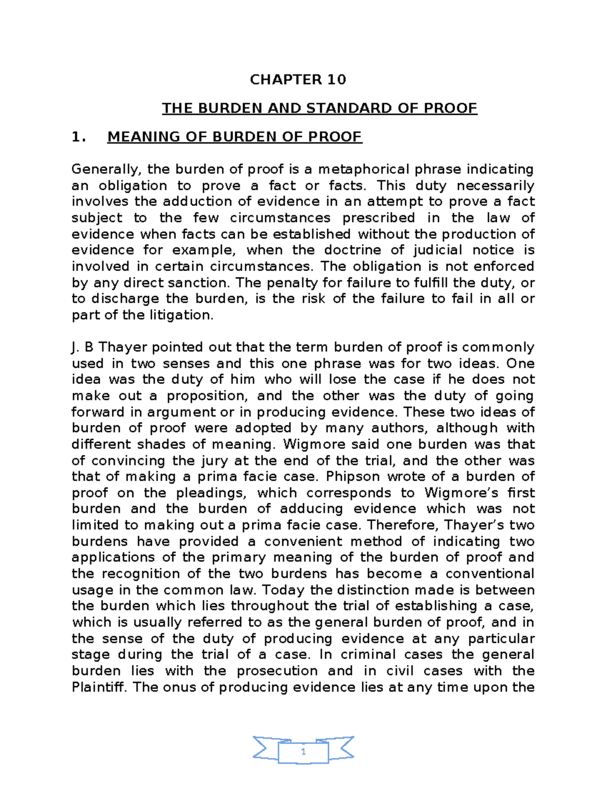 Evidence Notes-Chap-10 - Copy - CHAPTER 10 THE BURDEN AND STANDARD OF ...