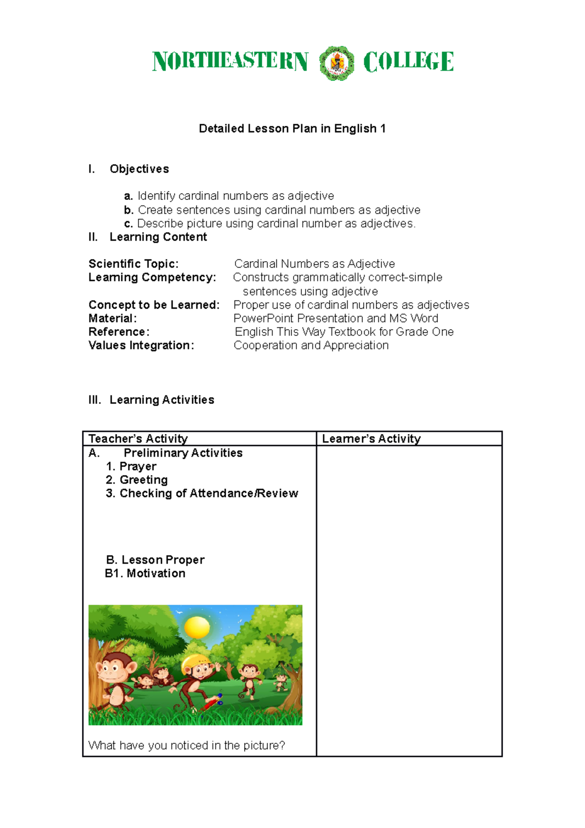 Detailed Lesson Plan: Cardinal Numbers as Adjective for English 1 - Studocu