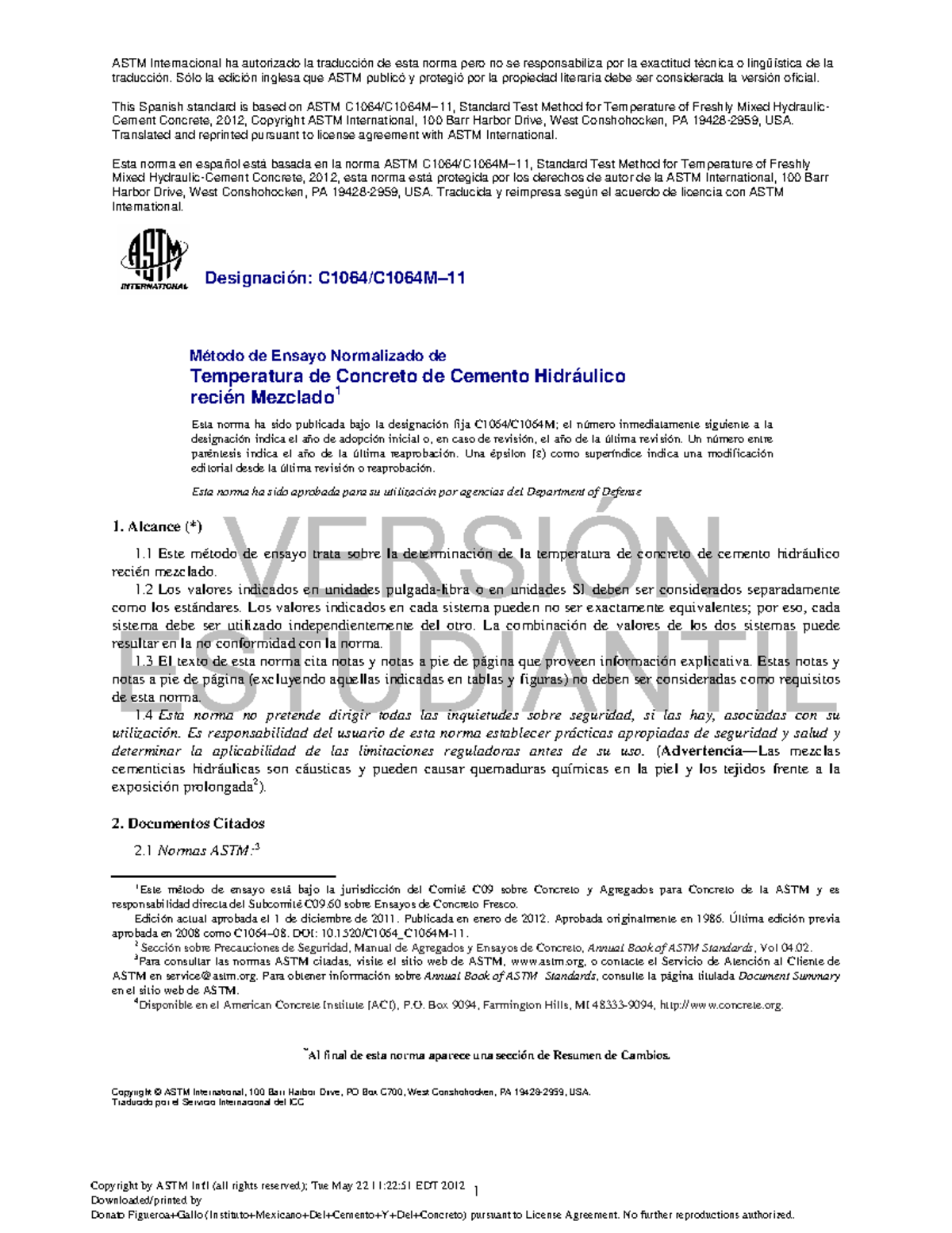 ASTM C1064/C1064M-11: Método de Ensayo para Temperatura de Concreto ...