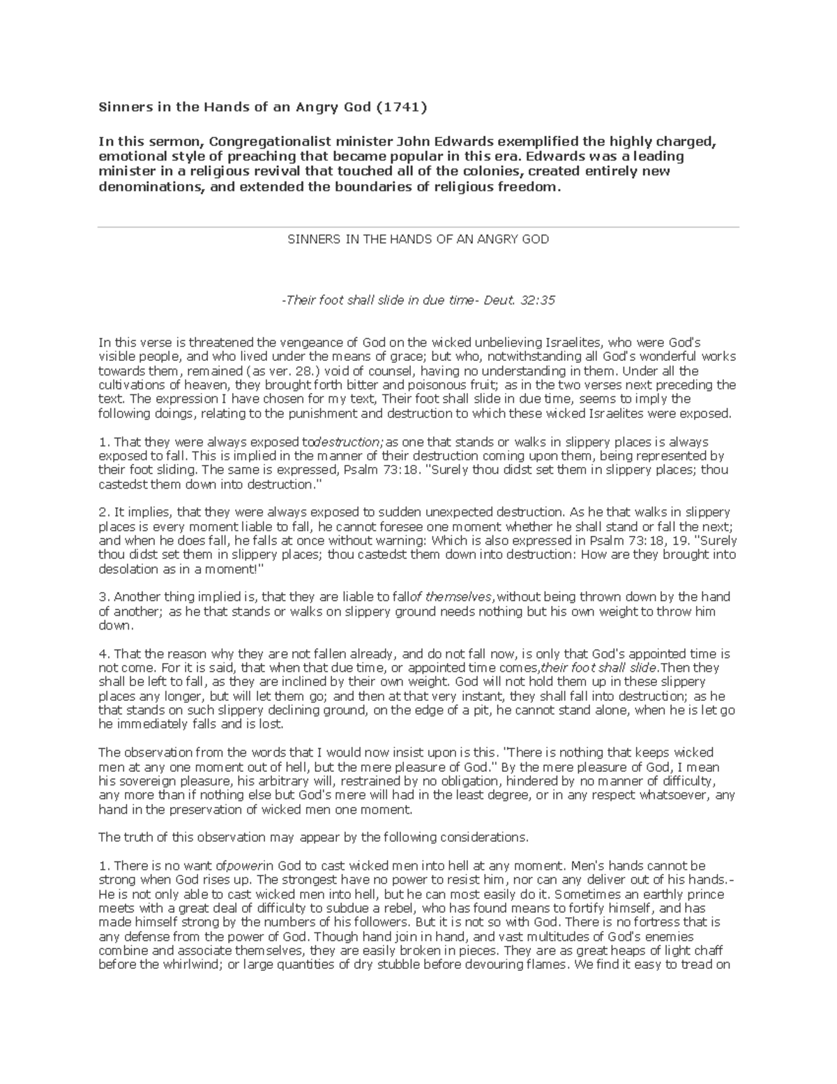 Sinners in the Hands of an Angry God (1741) - Analysis & Reflection ...