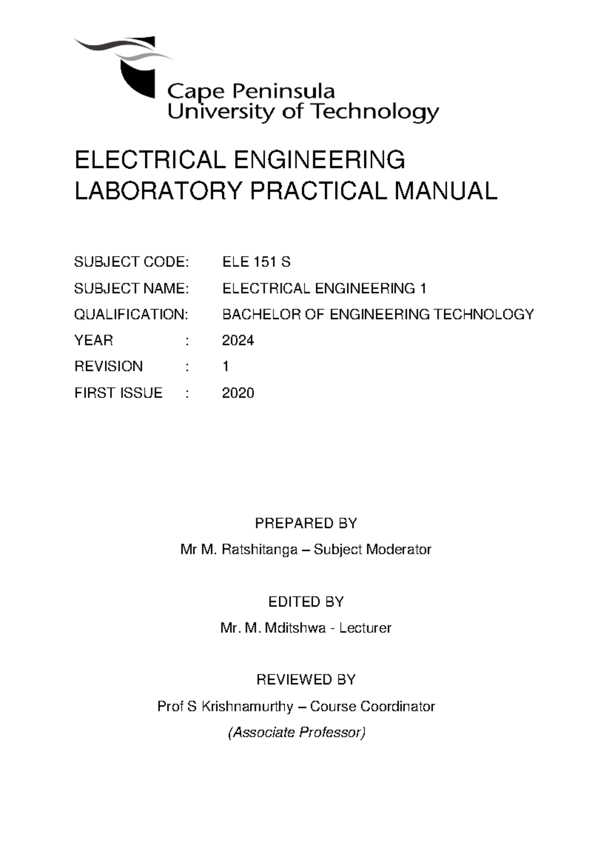 2024 ELE151S - Electrical Engineering Laboratory Practical Manual - Studocu
