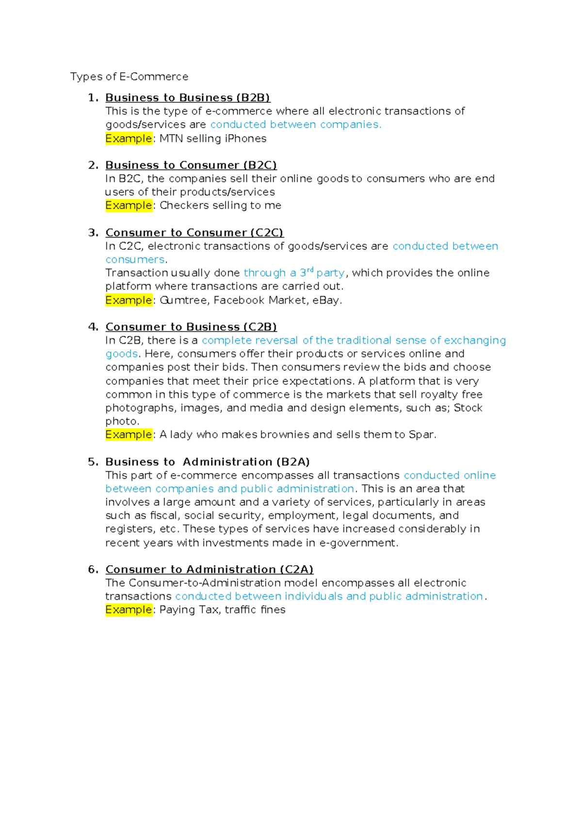 Types of E-Commerce: Exploring B2B, B2C, C2C, C2B, B2A, and C2A - Studocu