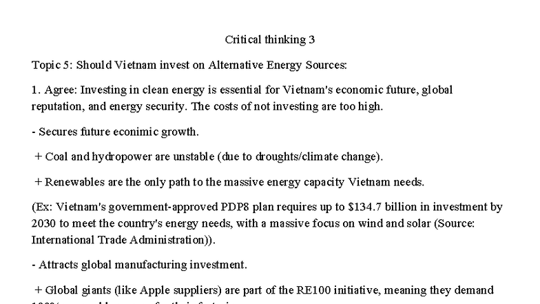 Critical Thinking 3: Vietnam's Investment in Alternative Energy Sources ...
