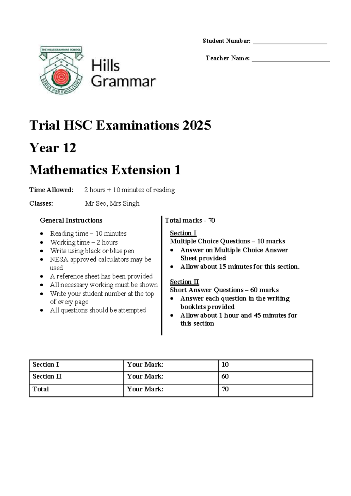 2025 THGS HSC Mathematics Extension 1 Trial Exam - Studocu