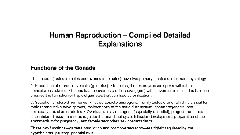 Human Reproduction: Functions of Gonads and Hormonal Regulation - Studocu