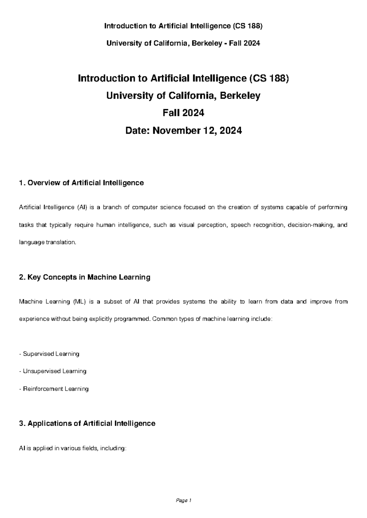 F24-CS188 Lecture Notes: Introduction to Artificial Intelligence - Studocu