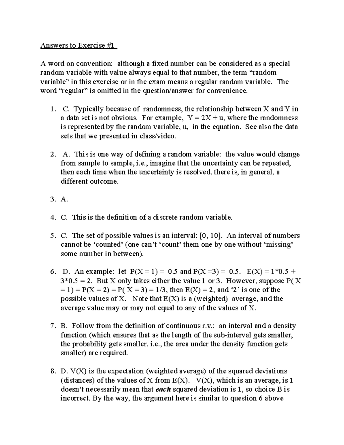 Random Variables and Their Properties: Exercise Answers for 4000.ae1 ...